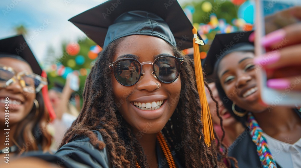 Female student in cap and gown, taking selfies with friends at a ...