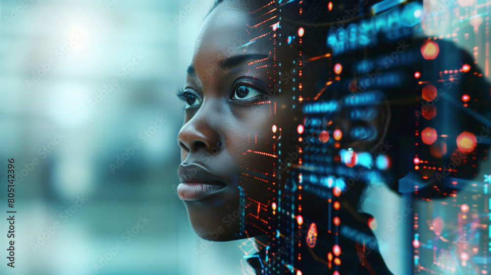 side profile portrait of a black female with a tech pattern overlay ...