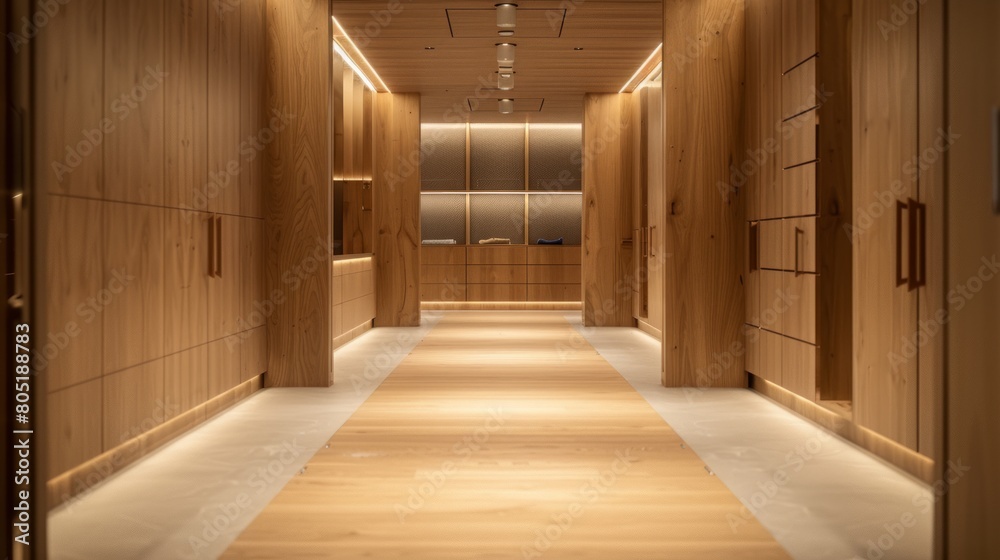 A Modern Wooden Fitting Room in Fashion Retail Store. A line of bright ...