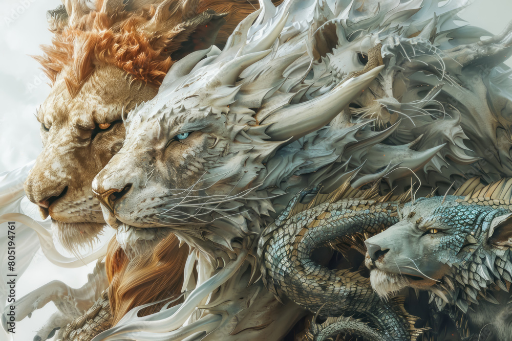 A beast with multiple heads of different animals?a lion, a wolf, and a ...