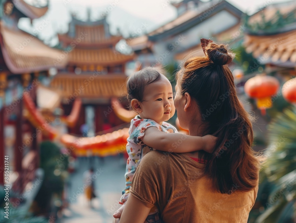 Families at popular attractions and recognizable locations in Asia ...
