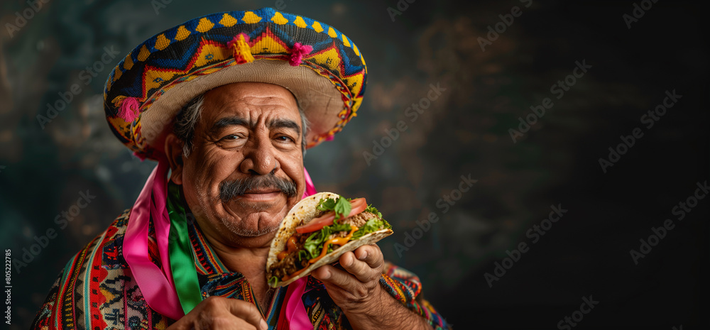 Mexican man in traditional attire holding a taco, with a plain ...