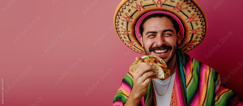 Mexican man in traditional attire holding a taco, with a plain ...