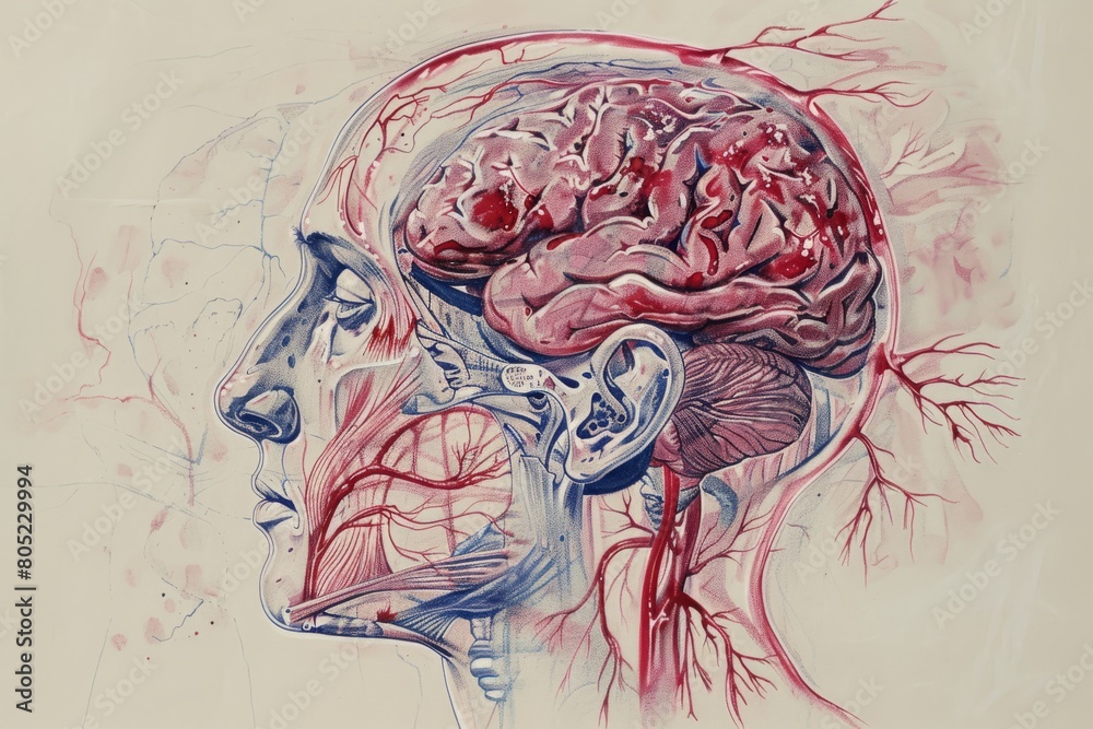 anatomical illustration, the brain, cranial nerves, and vascular system ...