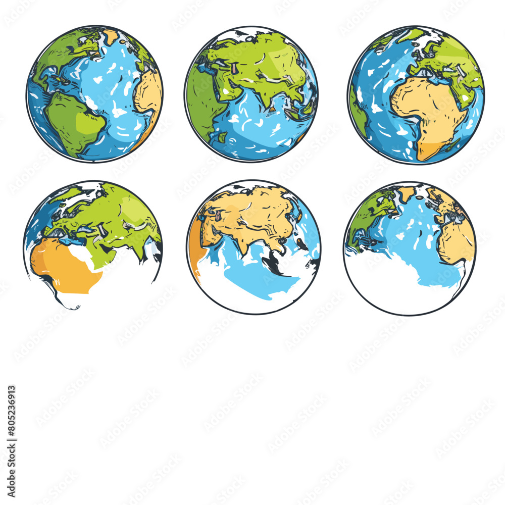 Handdrawn colorful globes showing various continents. Educational set ...