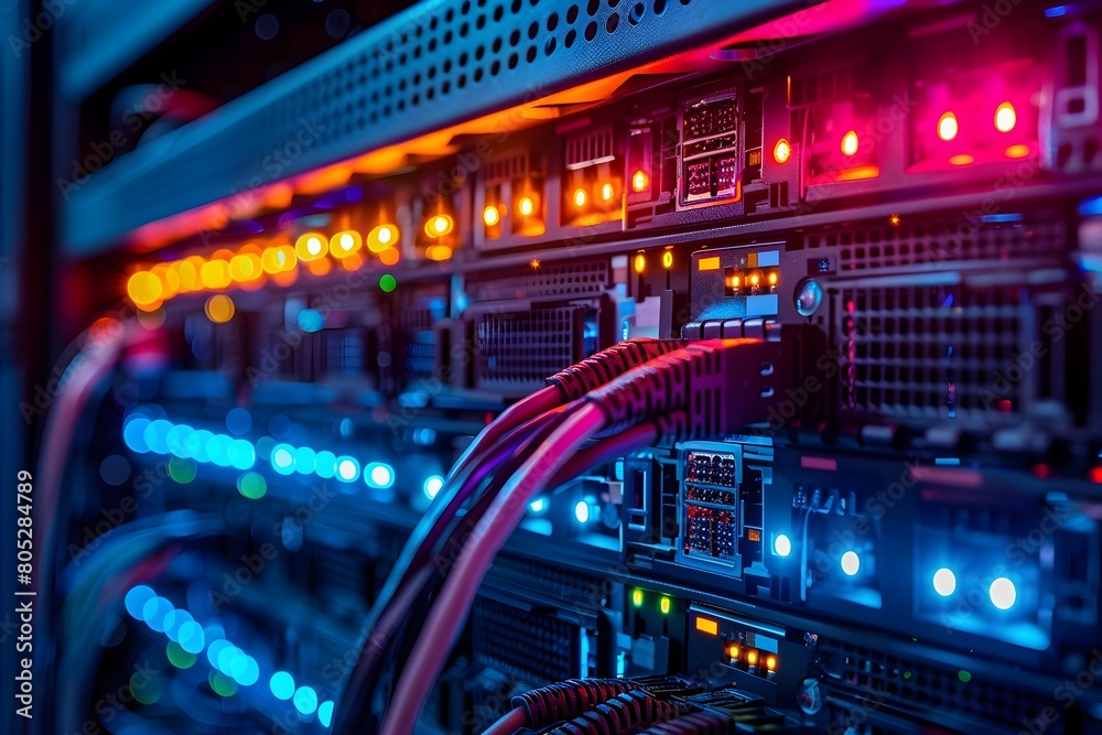 Intricate Cloud Computing Server Rack with Blinking LED Lights and Technical Engineering Details ...