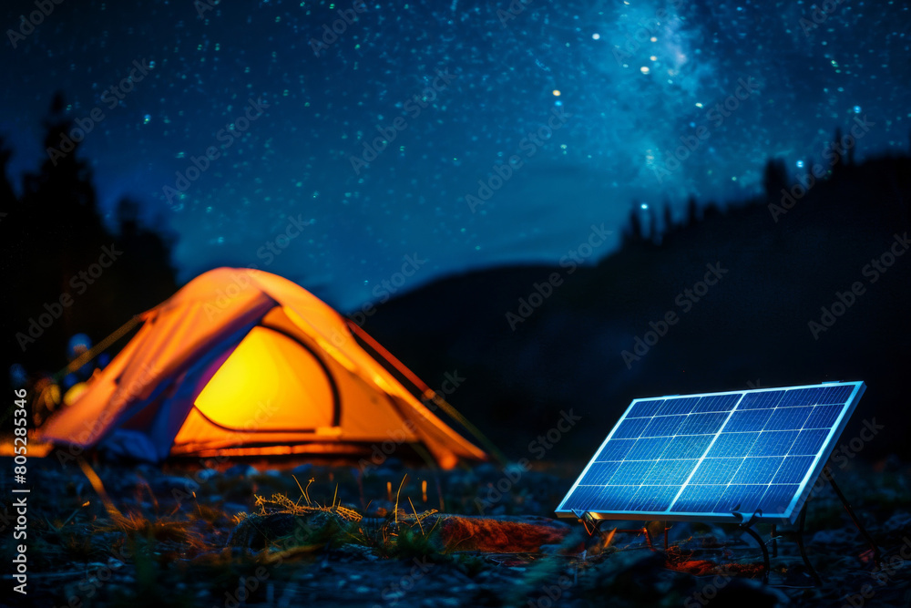 Portable solar panel charges by the glow of a campfire in the ...