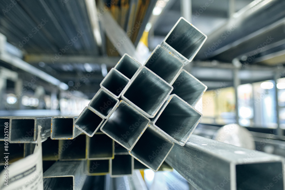 Metal steel square piping pipes stacked up on an industrial heavy duty ...