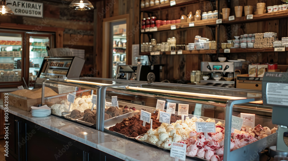 Assorted gelato display in a rustic shop interior. Glossy countertop ...