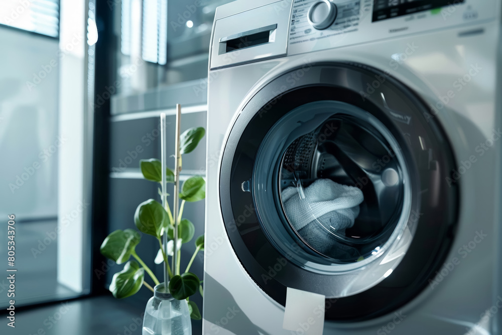 Modern front-loading washing machine with laundry. Home appliance in a ...