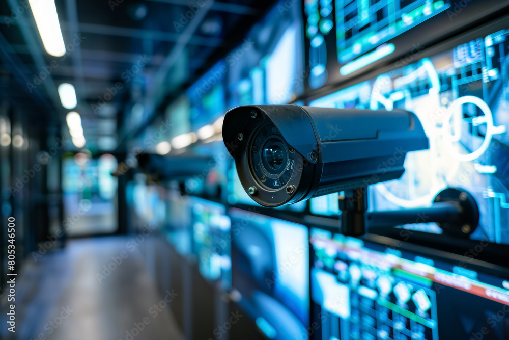 Security camera monitoring a data center with multiple digital screens ...