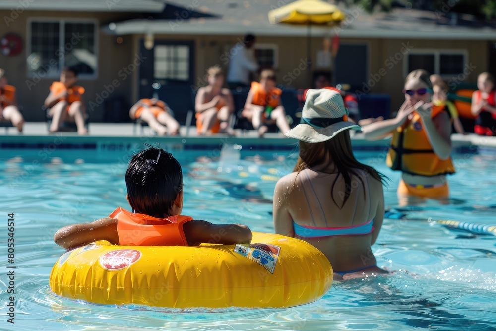 Small group of children participating in a water safety class, with a ...