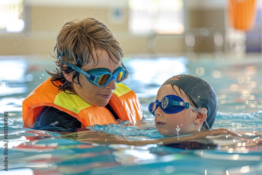 Preschooler practicing swimming strokes in a shallow pool, equipped ...