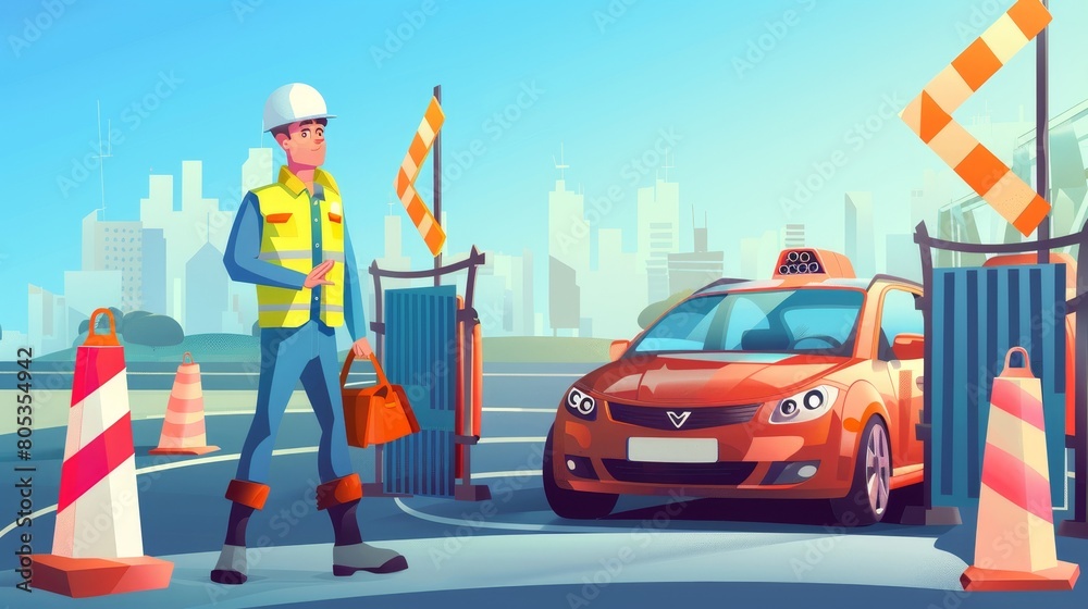 This modern cartoon illustration of summer cityscape with closed road ...