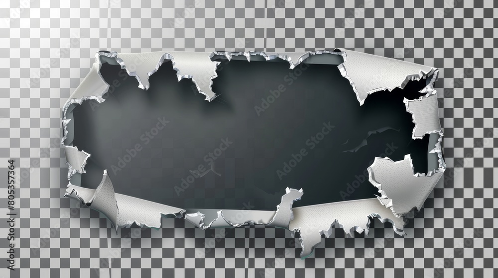 Metal rip hole with ragged edges on a horizontal frame. Cracked borders ...