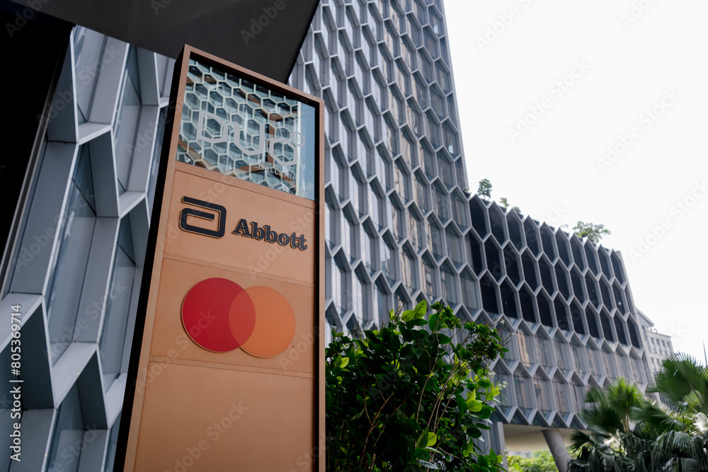 SINGAPORE - OCTOBER 08, 2023: Duo Galleria, Abbott, and Mastercard logo ...
