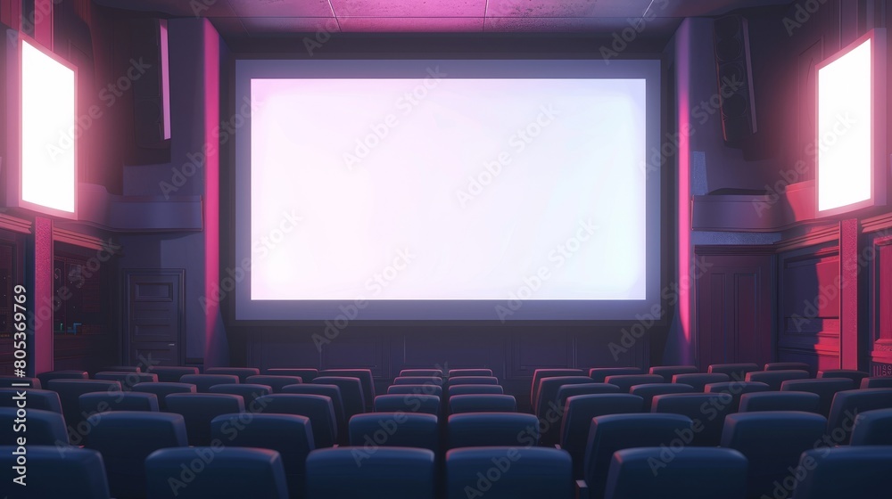 Movie theater screen, lightbox in movie hall, rows of seats. A white ...