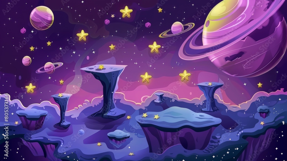 Detailed level map with gold stars and alien planets for space game ...