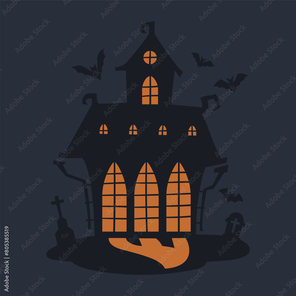 Spooky ghost house. Halloween haunted house silhouette, creepy monsters ...