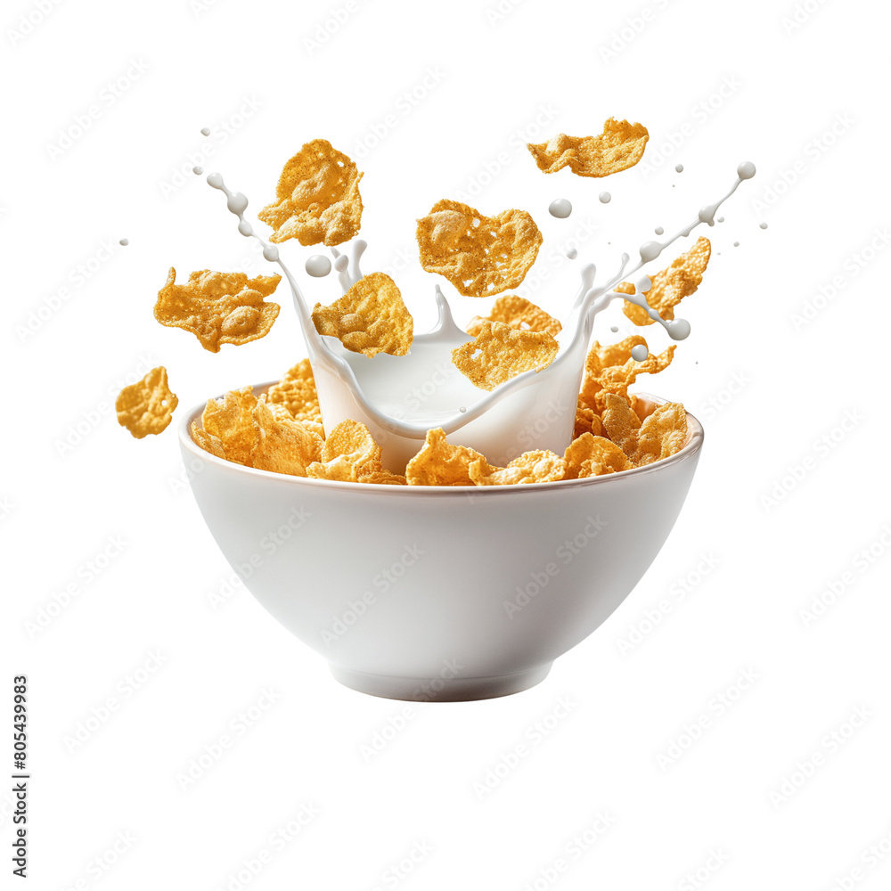 Corn flakes with milk splash in white bowl Isolated on Transparent ...
