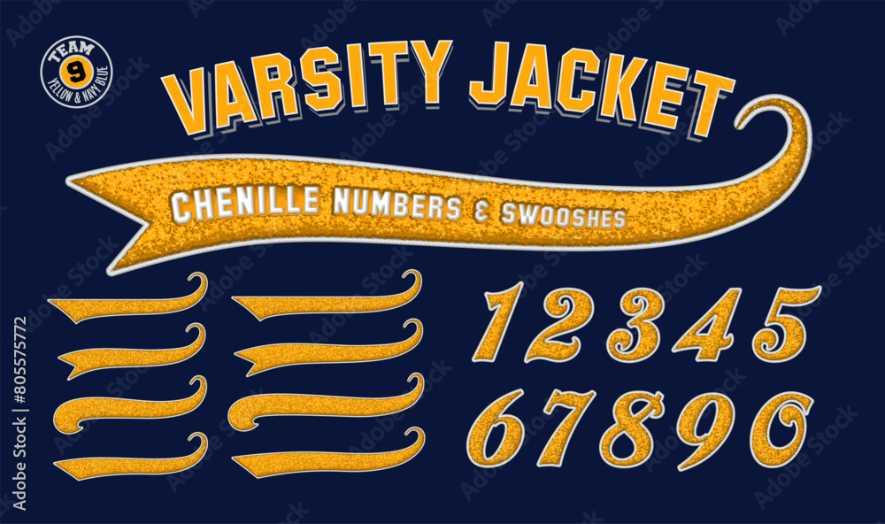A collection of swooshes and numbers in collegiate varsity style ...