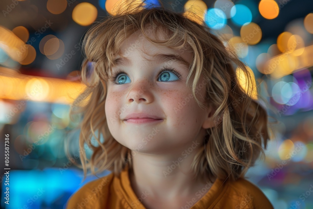 A curious young child looks upward with wide eyes against a sparkling ...