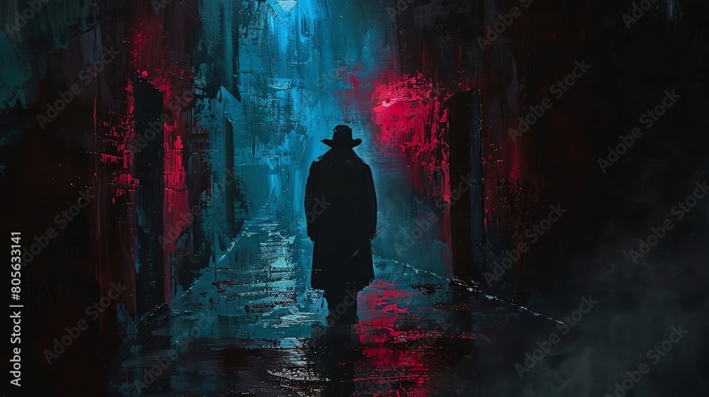 Craft a traditional acrylic painting of a noir-style detective in a ...