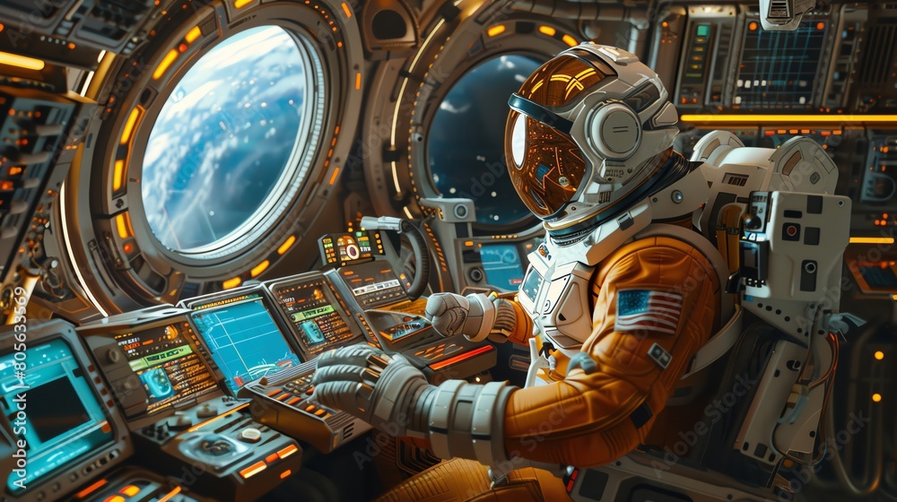 Visualize a cosmic comedy in space exploration where futuristic ...
