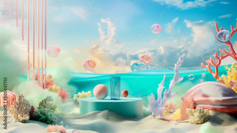 marine and Sea beach theme scene design with round podium, bright and ...