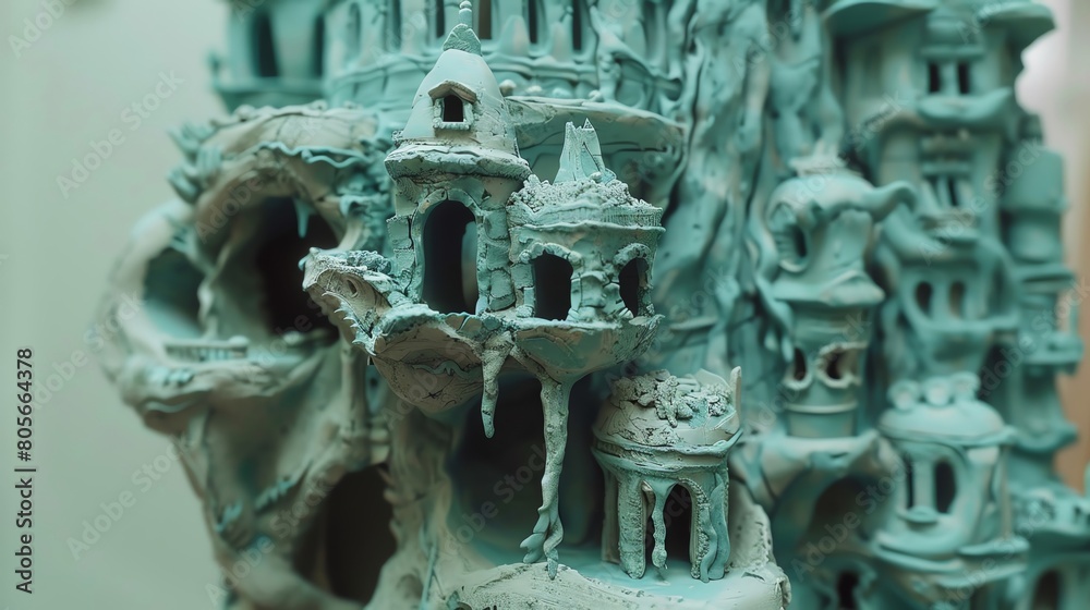 Craft a clay sculpture depicting a surrealistic dystopian scene in a ...
