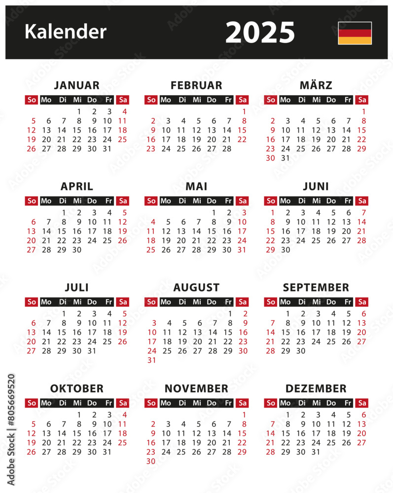 2025 Calendar - vector stock illustration. Germany, German version ...