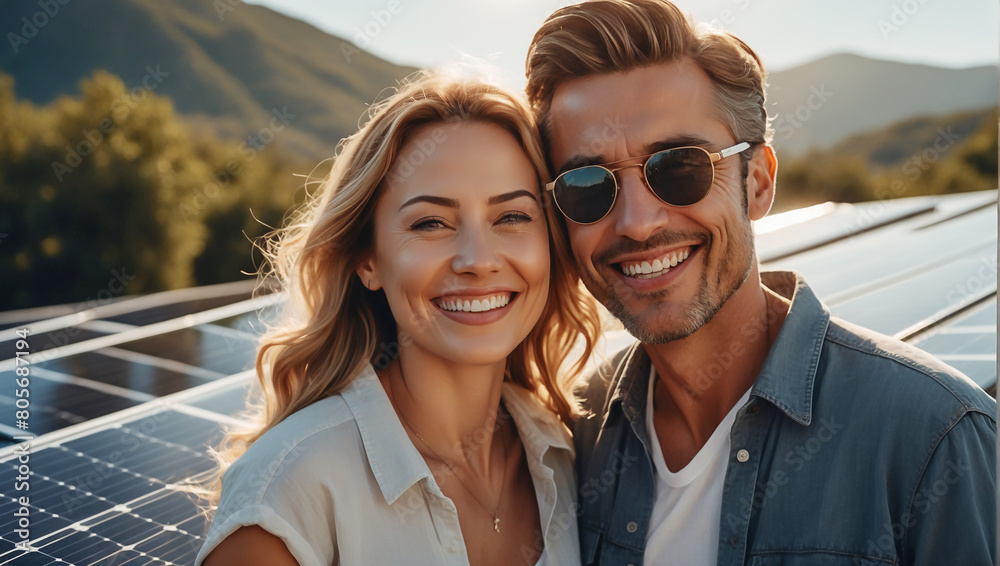 The concept of green energy. Happy family walking and having fun in ...