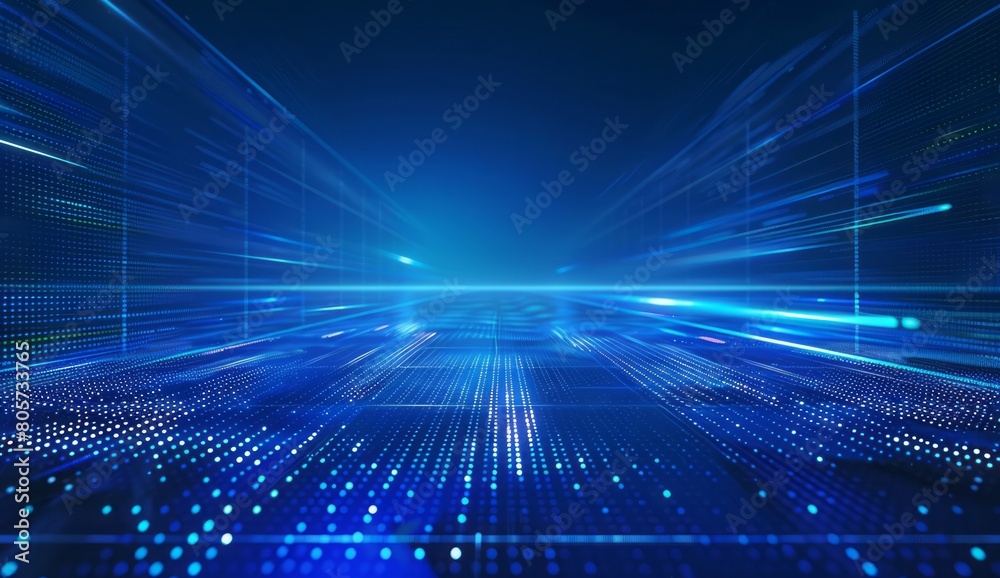 Abstract blue technology background with glowing light rays and digital ...