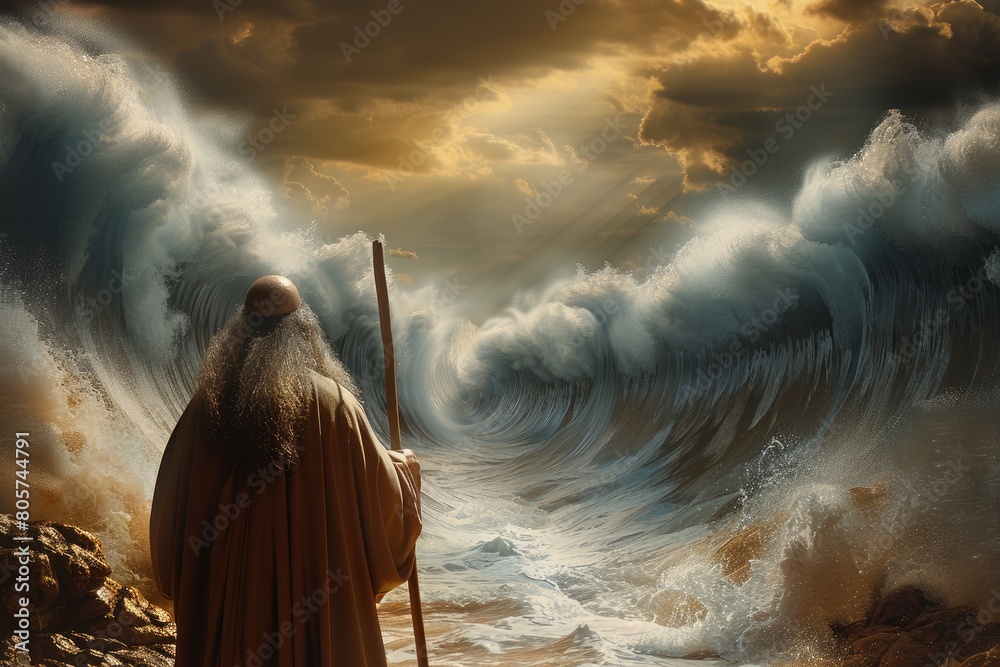 Ilustrace Portrait of the biblical back view of Moses dividing the sea ...