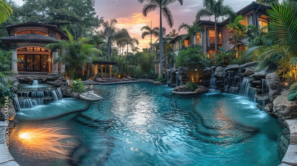 A stunning infinity pool with waterfalls, surrounded by lush tropical ...