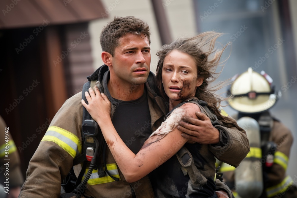 Scared young woman hugs brave fireman saved girl from fire during ...