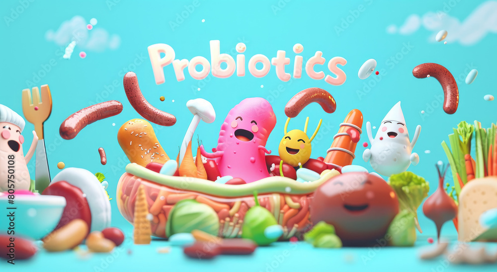 3d cartoon illustration of cute tiny happy bacteria cooking in the ...