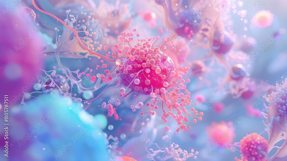 Pink cancer cells divide and invade healthy tissue, contrasted by blue ...