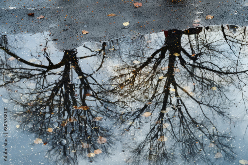 Distorted reflections of trees in a rainwater puddle, with their ...