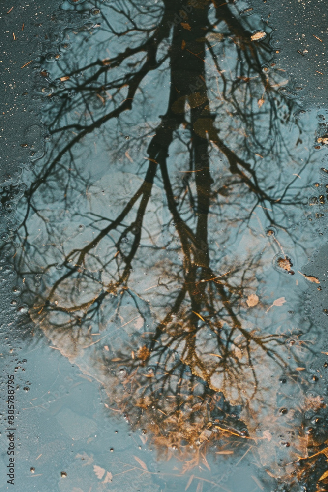 Distorted reflections of trees in a rainwater puddle, with their ...