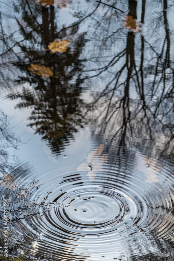 Distorted reflections of trees in a rainwater puddle, with their ...