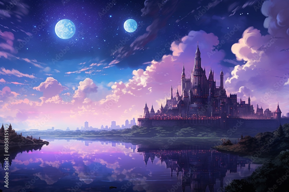 Animators pixel art castle, pastel sky, windows that illuminate the ...