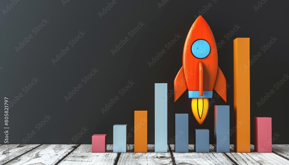Rocket and bar graph illustrates a startups rapid growth trajectory ...