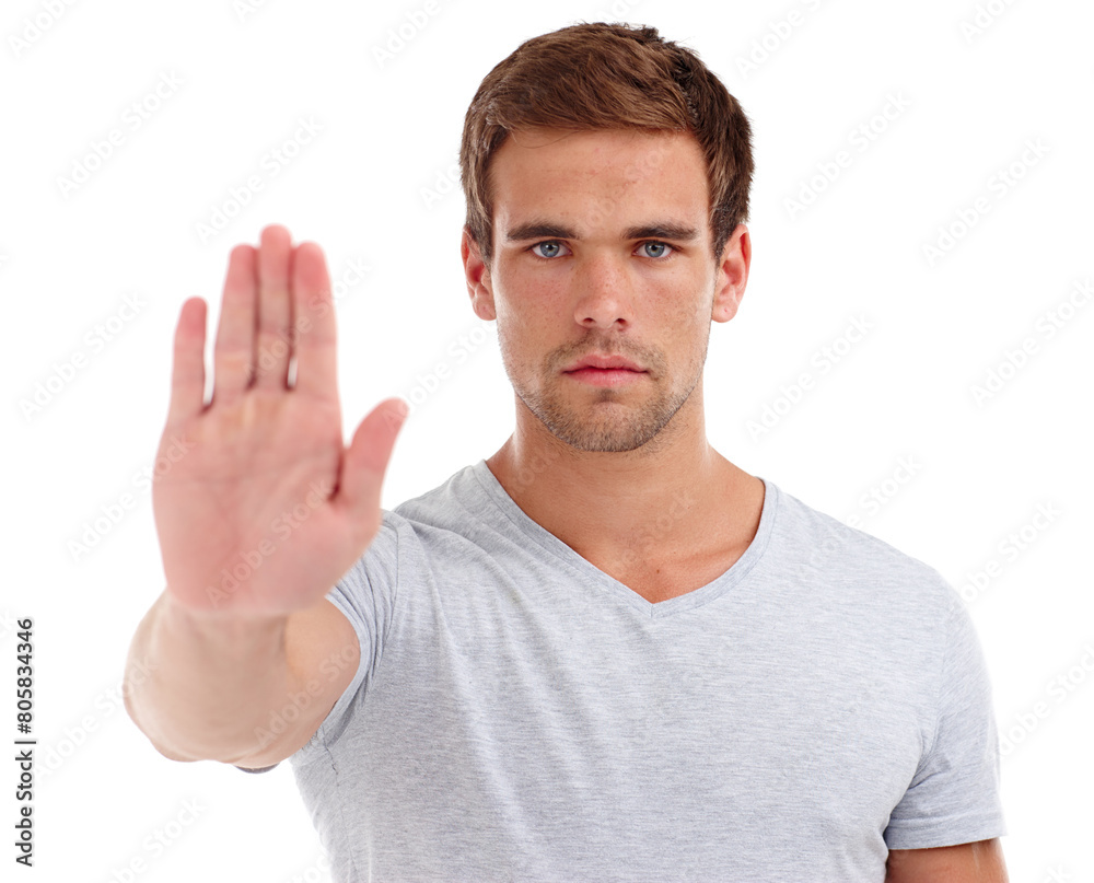 Stop, serious and portrait of man on a white background for problem, prohibition and conflict ...