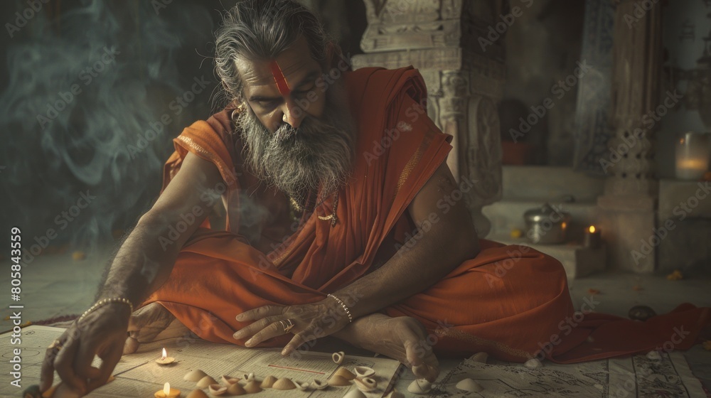 The bearded priest or jyotishi places cowri shells on the chart and ...