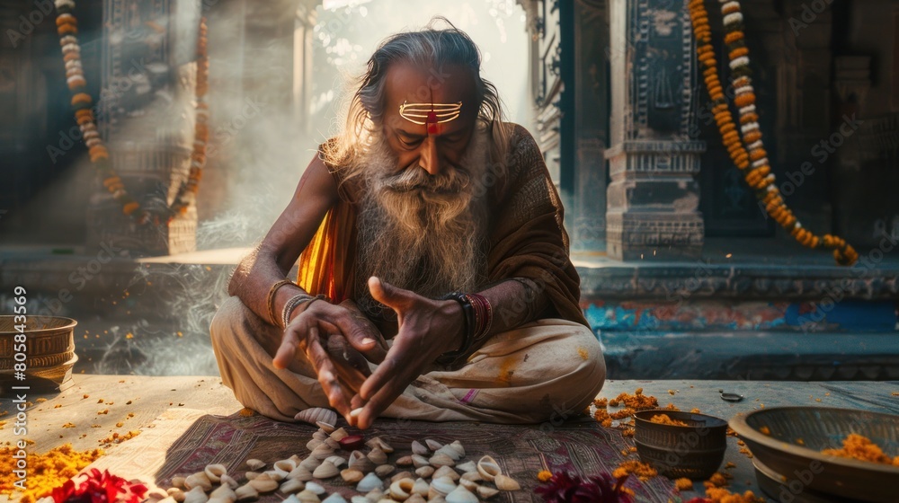 The bearded priest or jyotishi places cowri shells on the chart and ...
