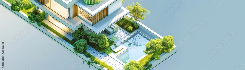 3D isometric view of the modern house with a garden features sleek ...