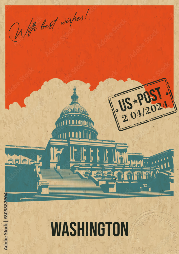 Washington Sight Postcard Retro Style Illustration, Capitol Building ...