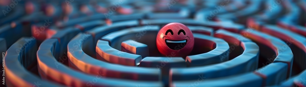 Smiling face at the center of a complex maze representing the pursuit ...