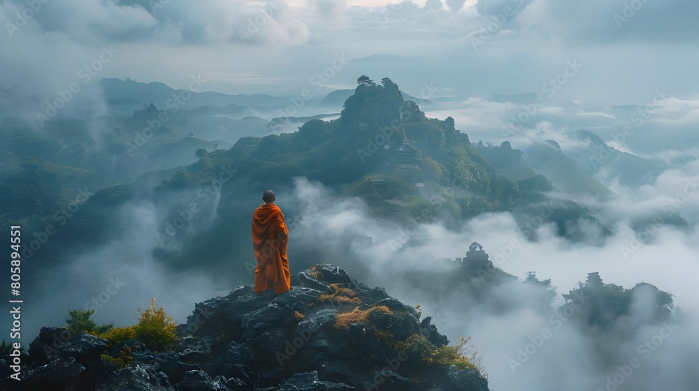 Solitary Monk Ringing Temple Bell at Misty Mountain Dawn Spiritual ...